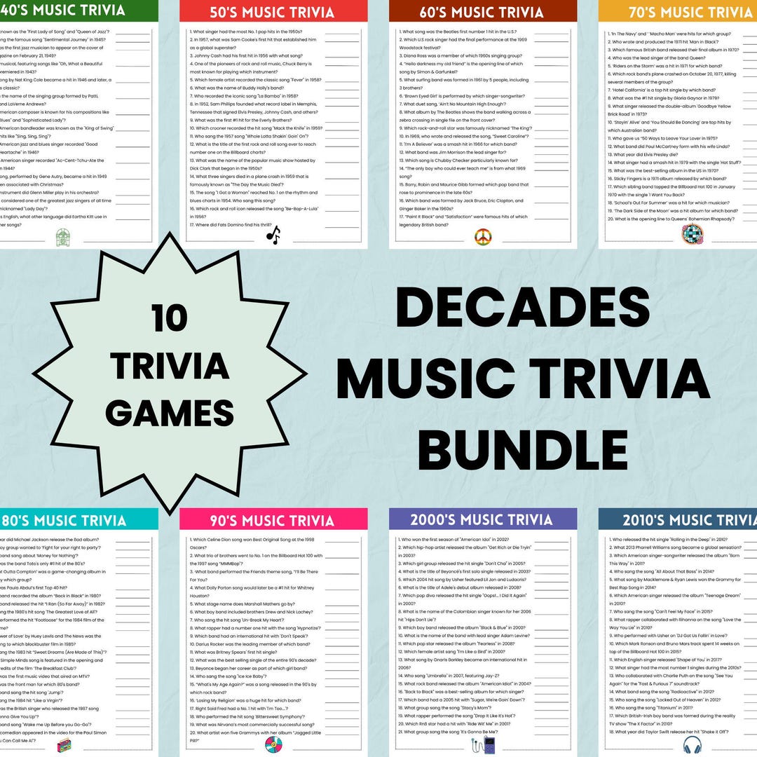 Music Trivia Game, Decades Trivia Game, Decades Party Game, 90s Trivia ...