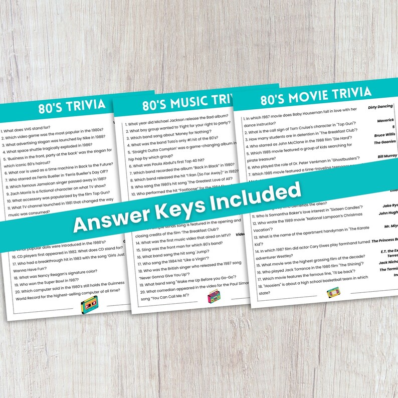 80s Trivia Game Bundle, 80s Music Trivia, 80s Movie Trivia, 80s Party ...