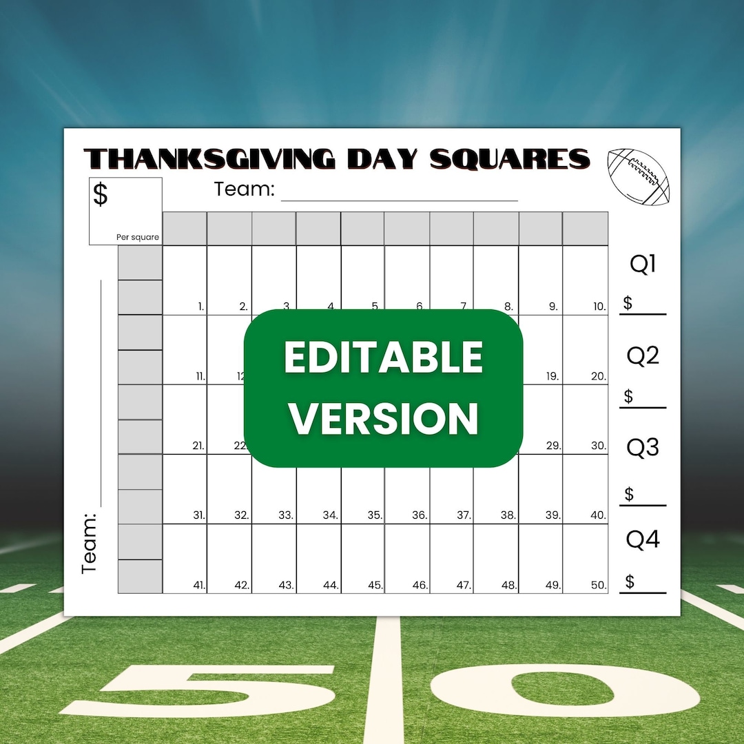 Editable Thanksgiving Day 50 Squares Game, Football Squares Game ...