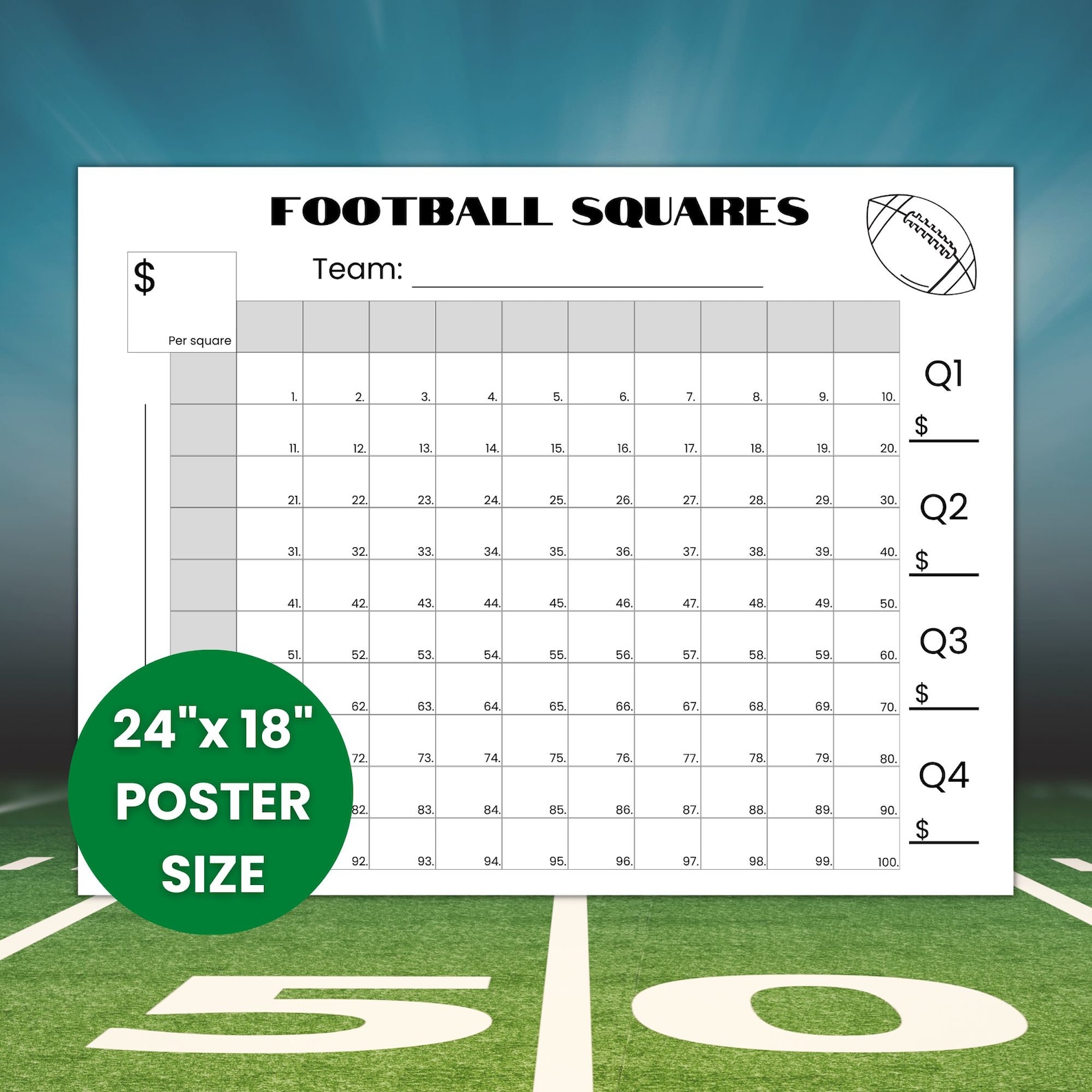 Football Squares Game Printable Poster Size 24x18 Inches, Football ...