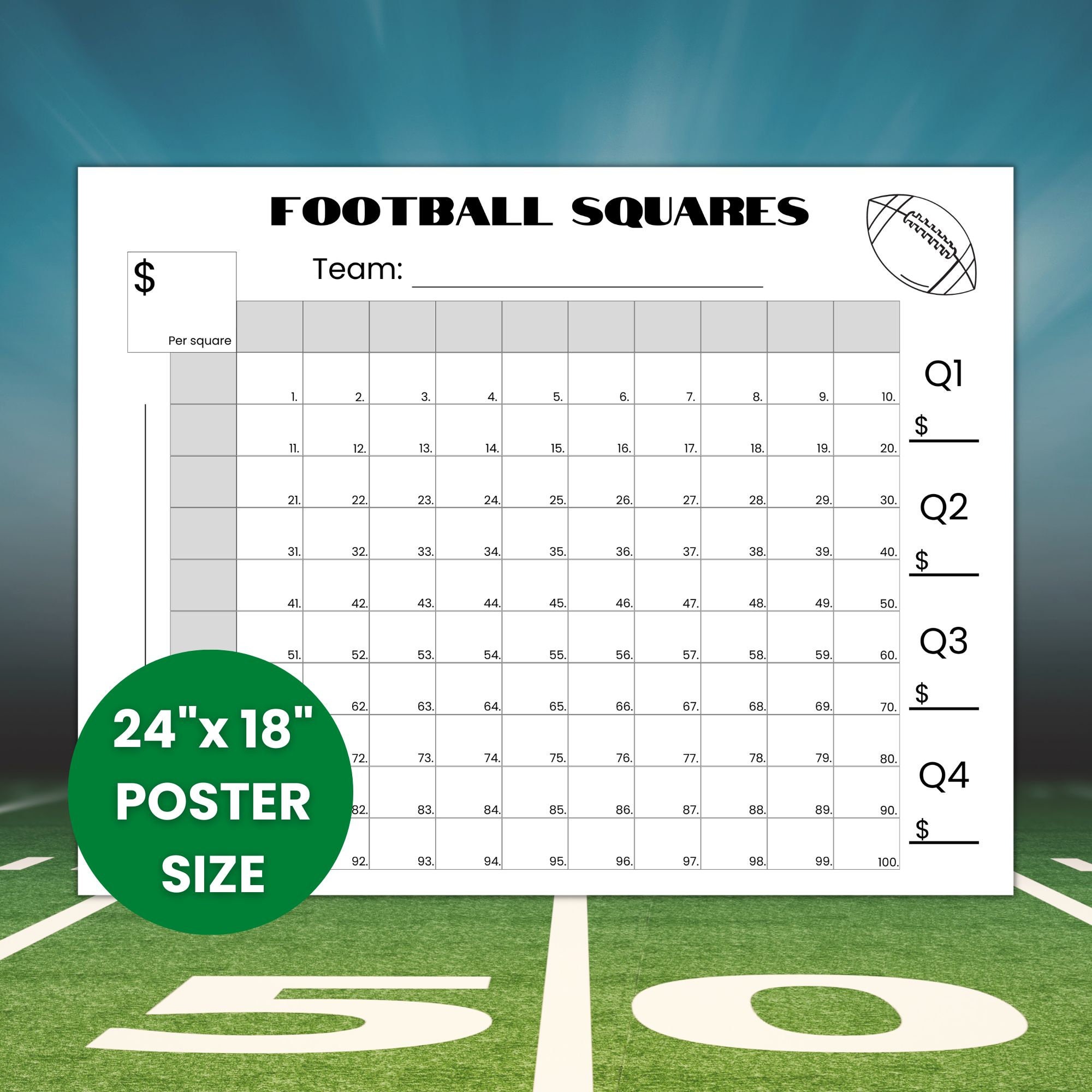 Football Squares Game Printable Poster Size 24x18 Inches, Football ...