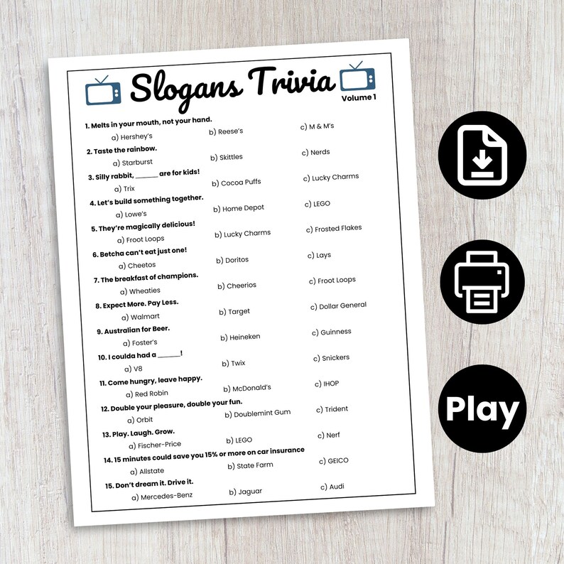 Slogans Trivia Game Vol. 1, TV Commercial Trivia, Trivia Game for Kids ...