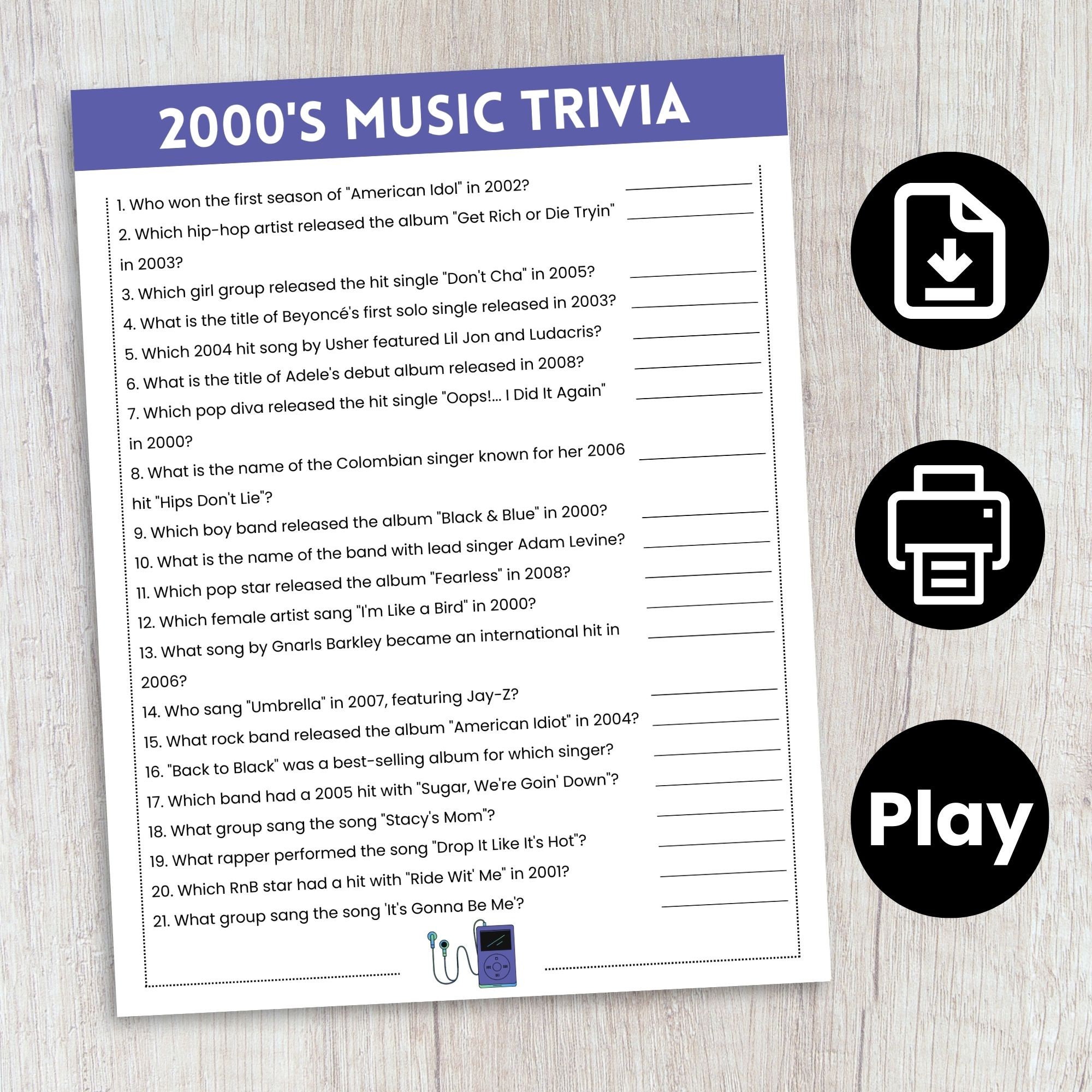 2000s Music Trivia Game, 2000s Trivia Game, 2000s Theme Party Game ...