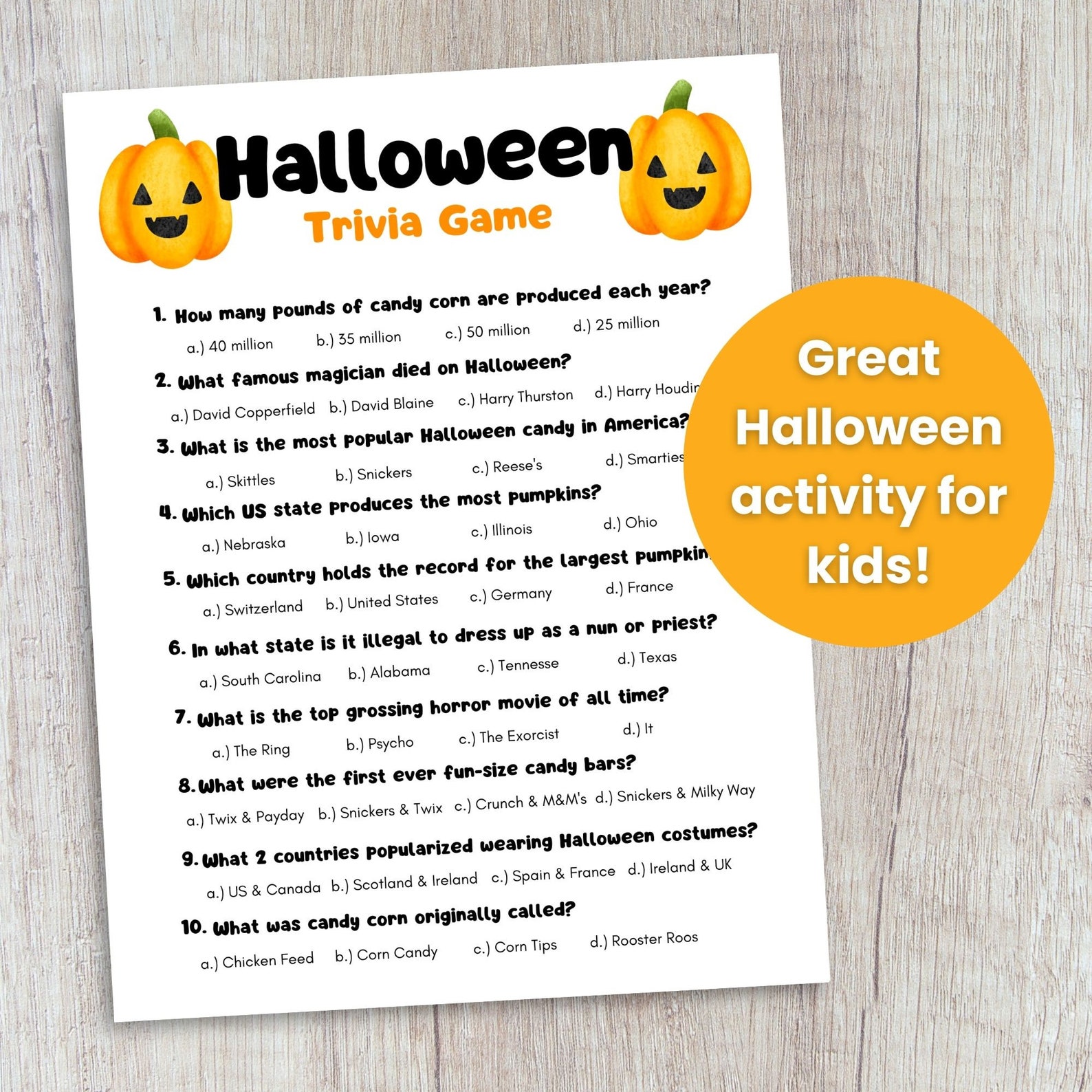 Halloween Trivia Game Printable, Halloween Game for Kids and Adults ...