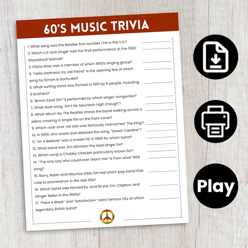 60s Music Trivia Game, 60s Theme Party Game, 60s Trivia, Decades Trivia ...