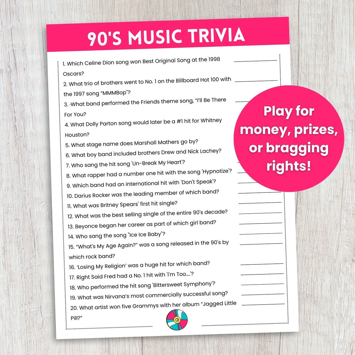 90s Music Trivia Game, 90s Theme Party Game, 1990s Trivia, 30th ...