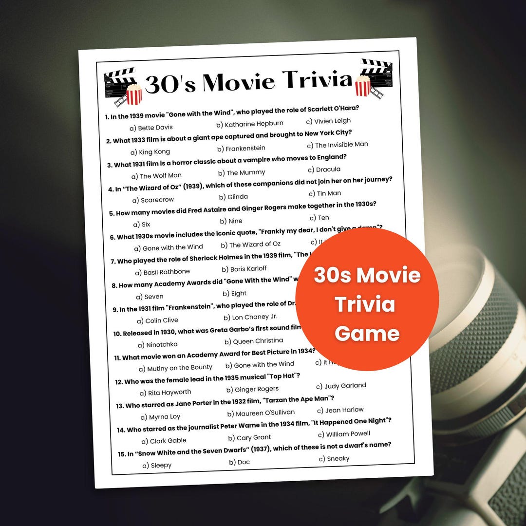 1930s Movie Trivia Game, 30s Theme Party, Decades Party Game, Trivia ...