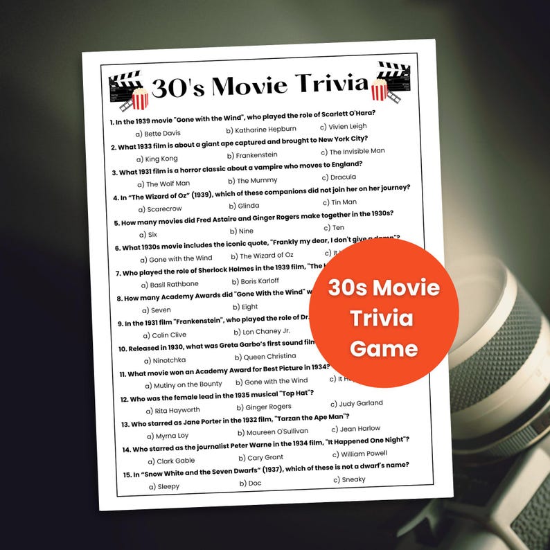 1930s Movie Trivia Game, 30s Theme Party, Decades Party Game, Trivia ...