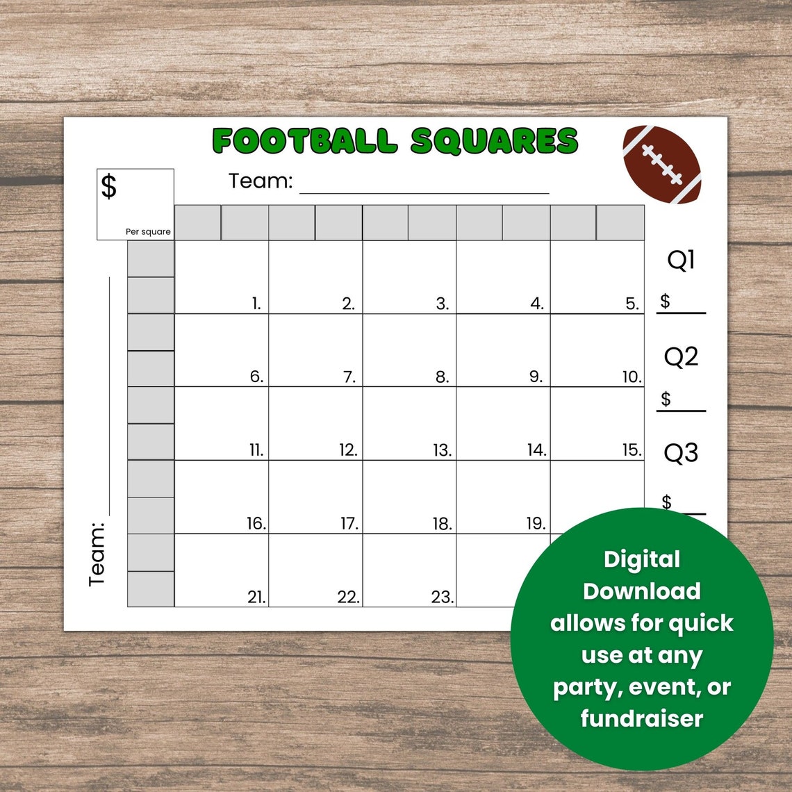 25 Squares Football Squares Game Printable, Football Fundraiser ...