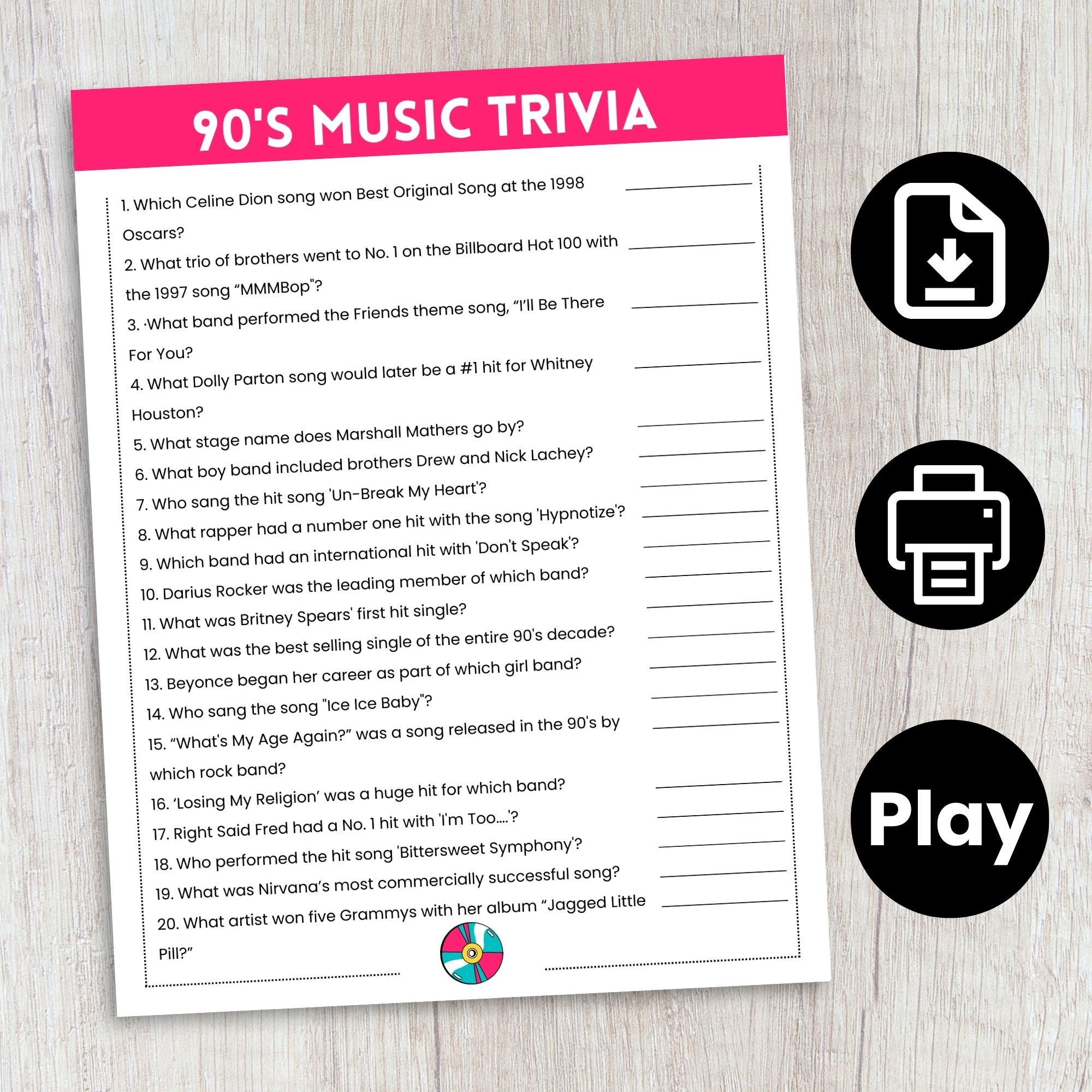 90s Music Trivia Game, 90s Theme Party Game, 1990s Trivia, 30th ...