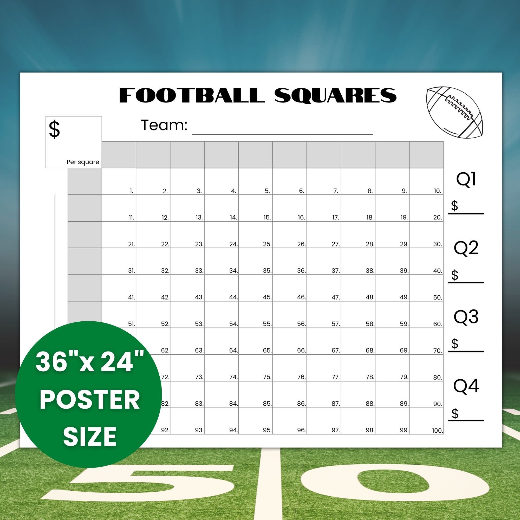 Football Squares Game Printable Poster Size 36x24 Inches, Football ...