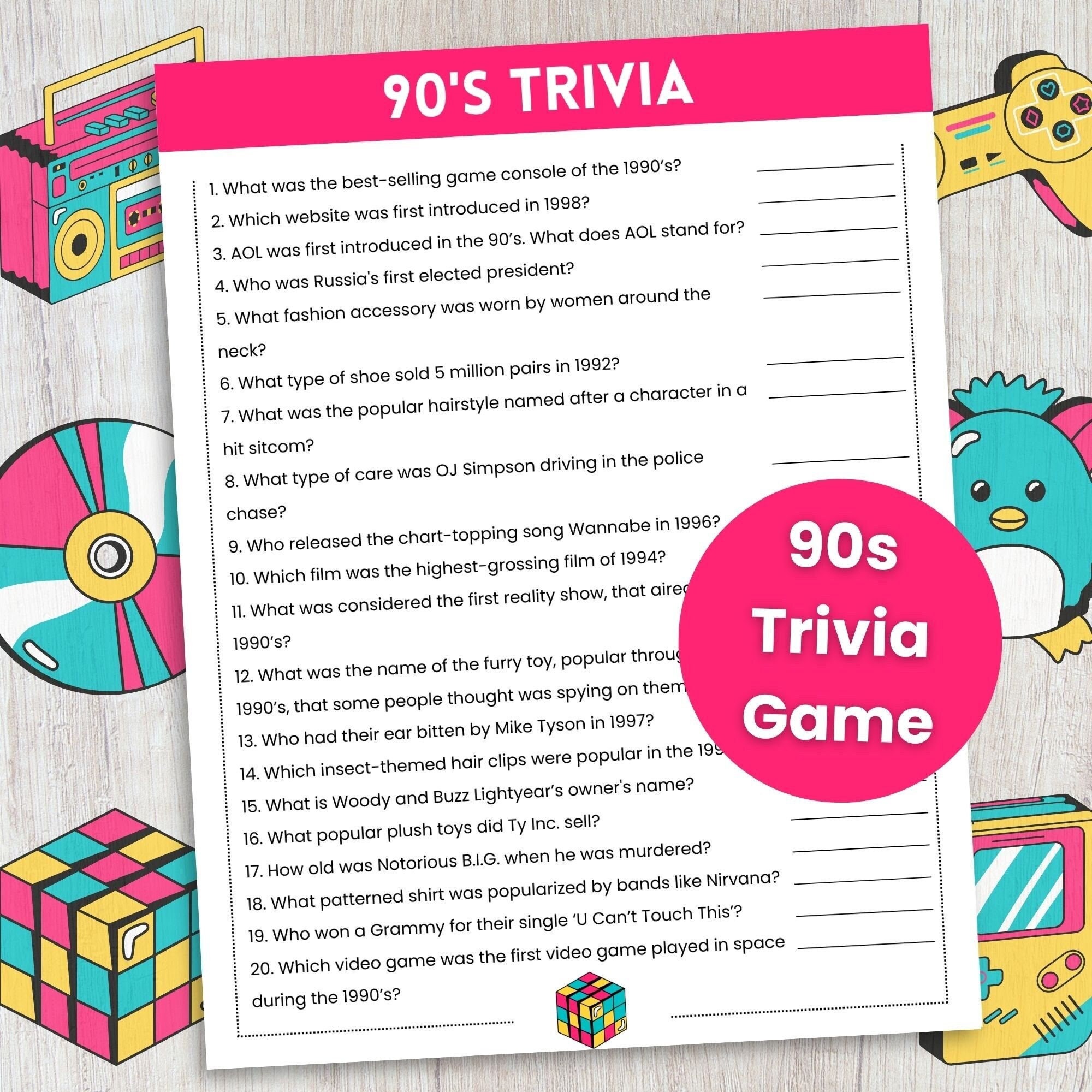 90s Trivia Game, 90s Theme Party Game, Trivia Game for Teens and Adults ...