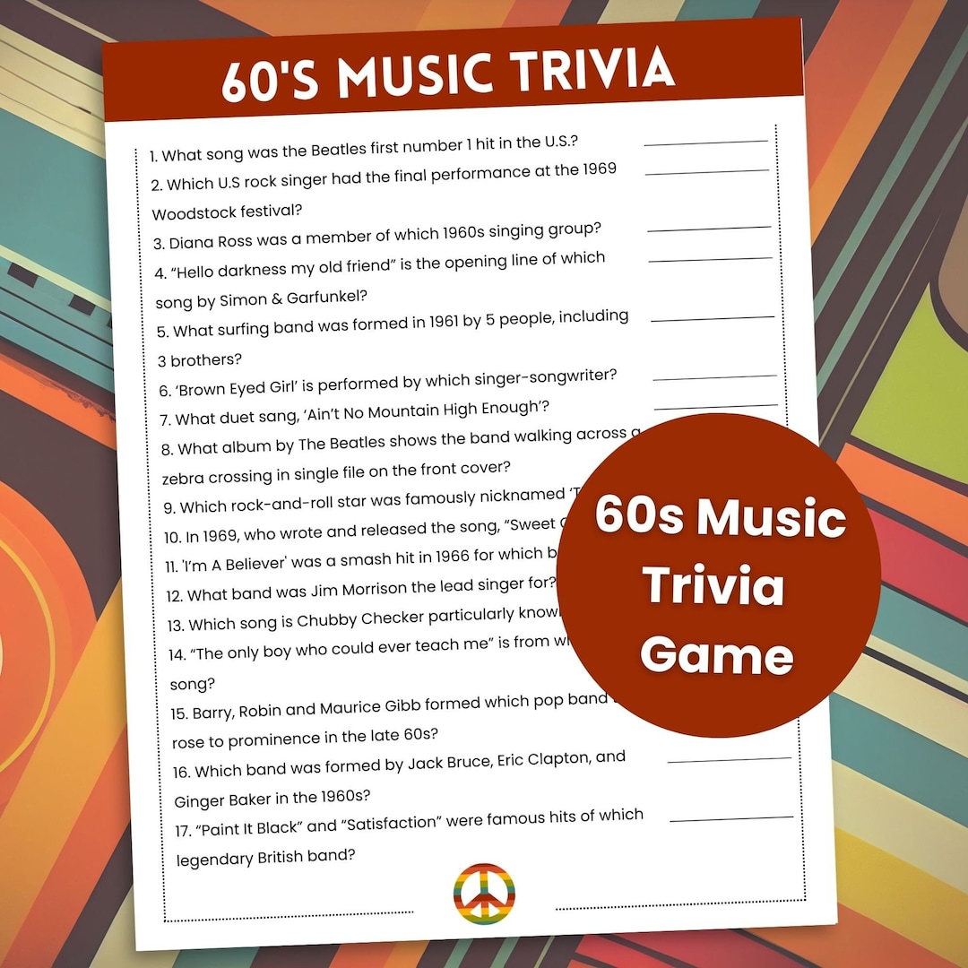 60s Music Trivia Game, 60s Theme Party Game, 60s Trivia, Decades Trivia ...