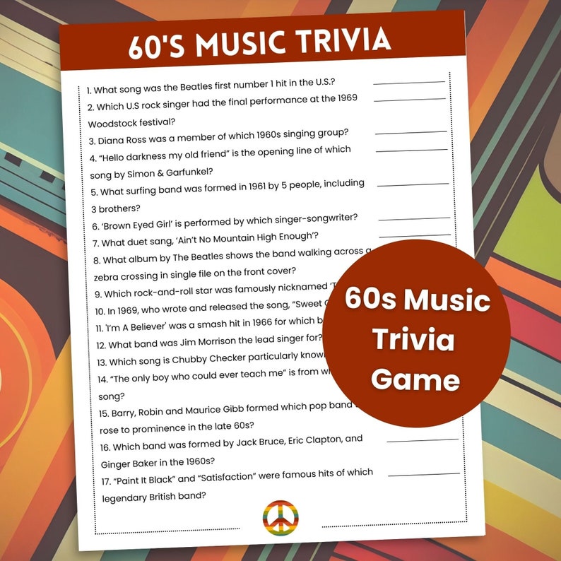 60s Music Trivia Game, 60s Theme Party Game, 60s Trivia, Decades Trivia ...