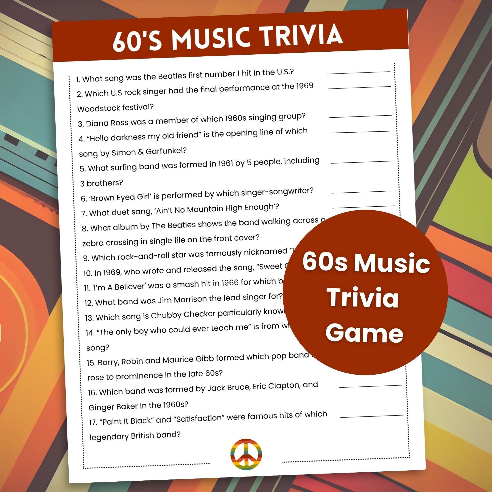 60s Music Trivia Game, 60s Theme Party Game, 60s Trivia, Decades Trivia ...
