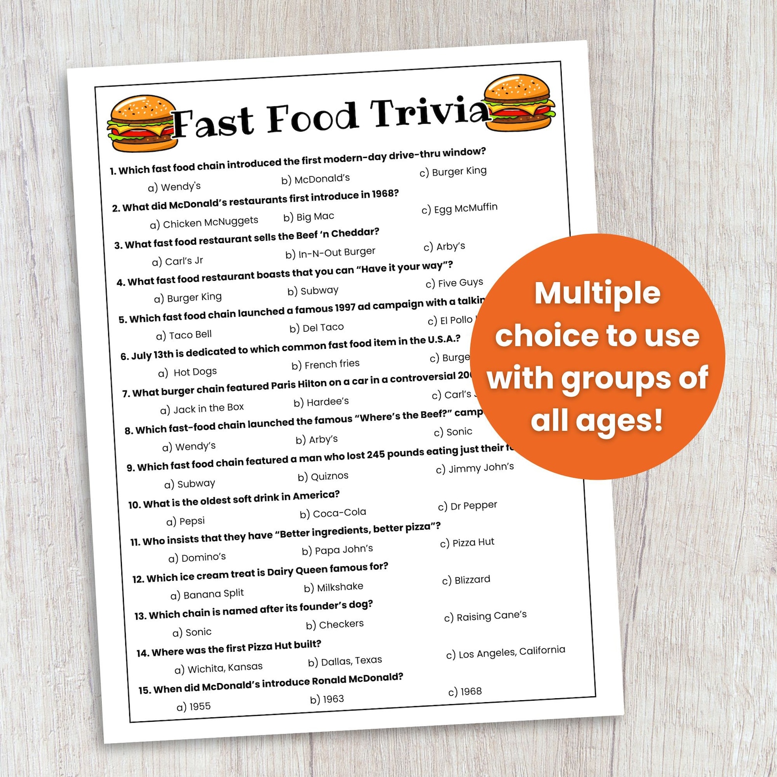 Fast Food Trivia Game, Food Trivia Game, Family Game Night, Trivia for ...