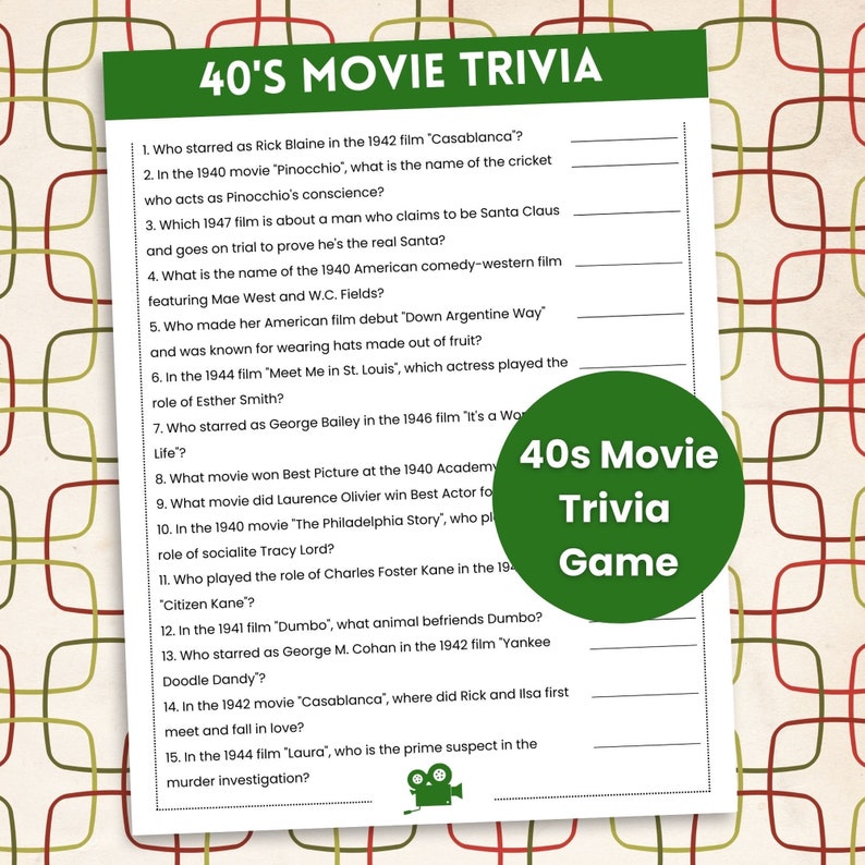 40s Movie Trivia Game, 40s Theme Party Game, 1940s Trivia, Decades ...
