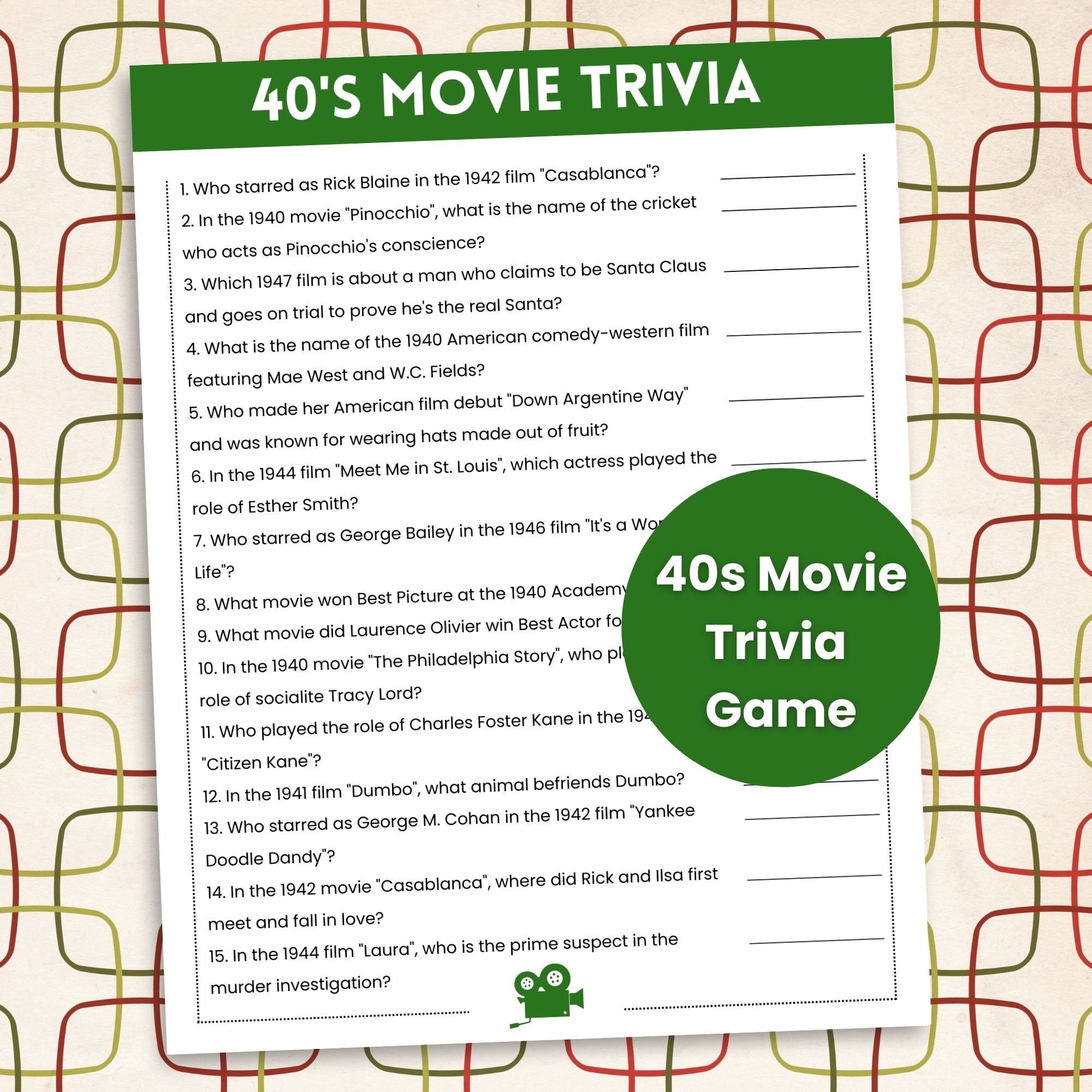 40s Movie Trivia Game, 40s Theme Party Game, 1940s Trivia, Decades ...