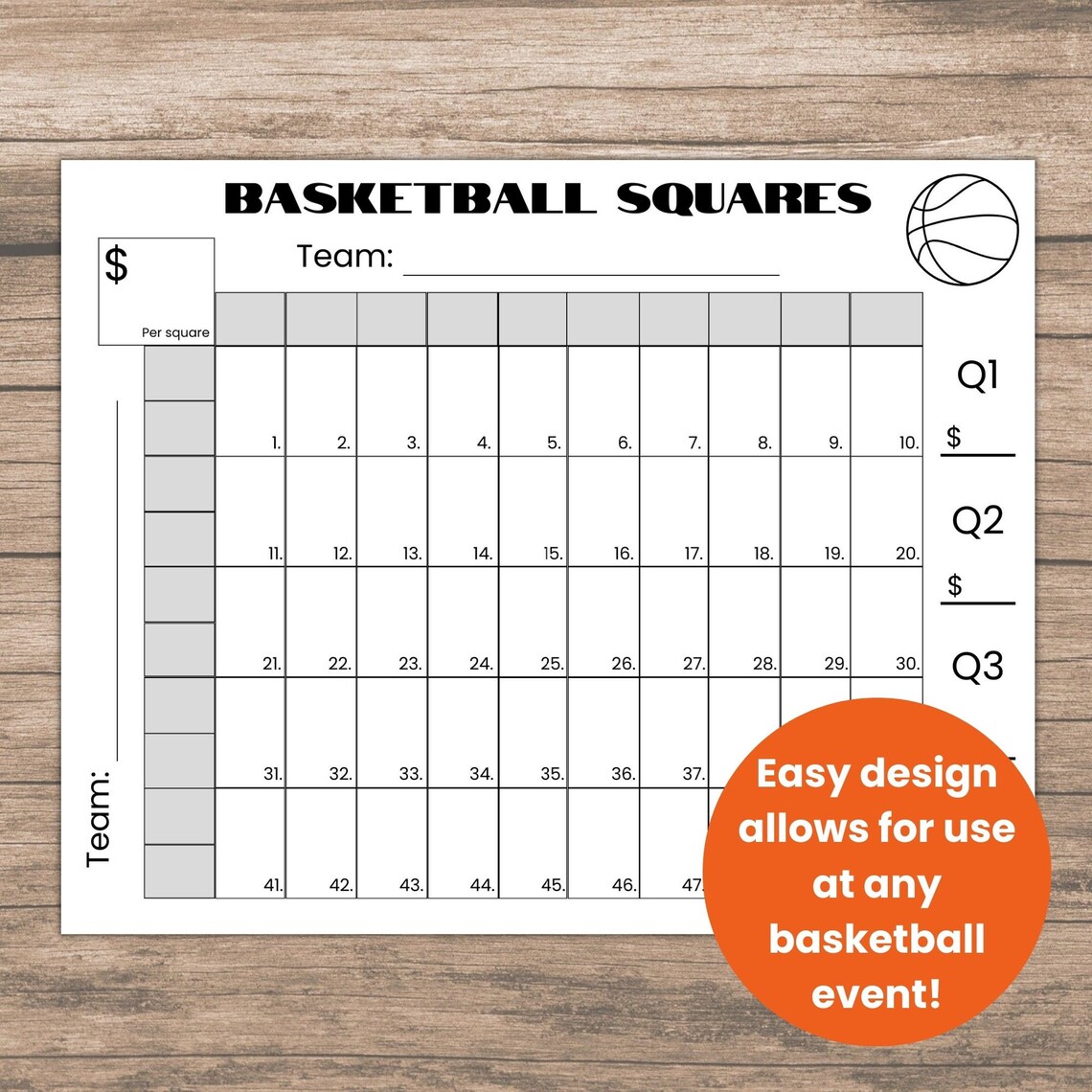 Basketball Squares Game, 50 Squares Game, Basketball Fundraiser ...