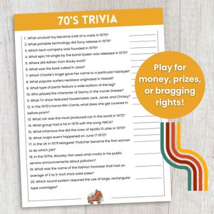 70s Trivia Game, 70s Theme Party Game, Decades Trivia, Class Reunion ...