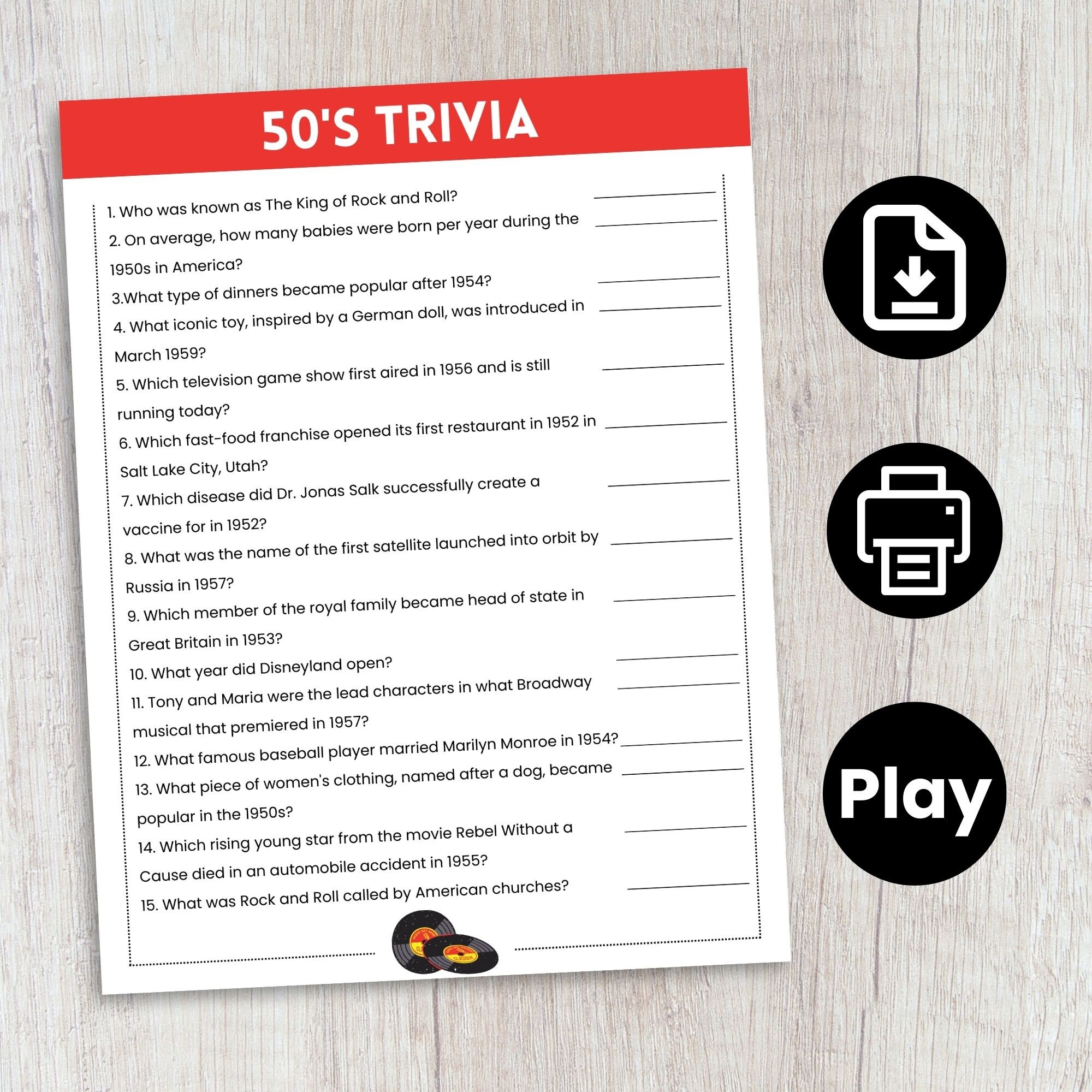 50s Trivia Game, 50s Theme Party Game, Trivia Game for Teens and Adults ...