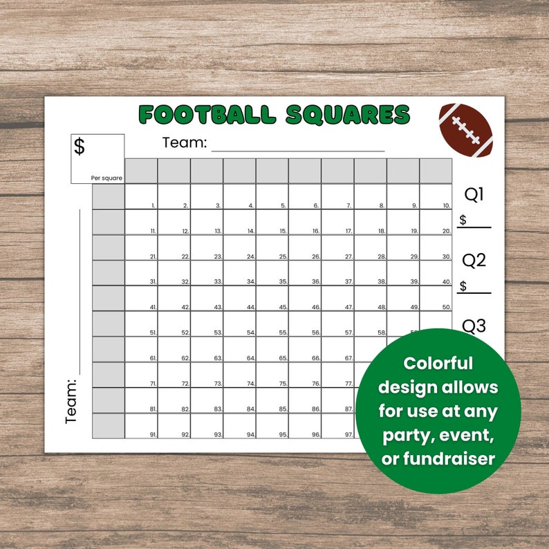 Football Squares Game Printable With Color, Football Fundraiser ...