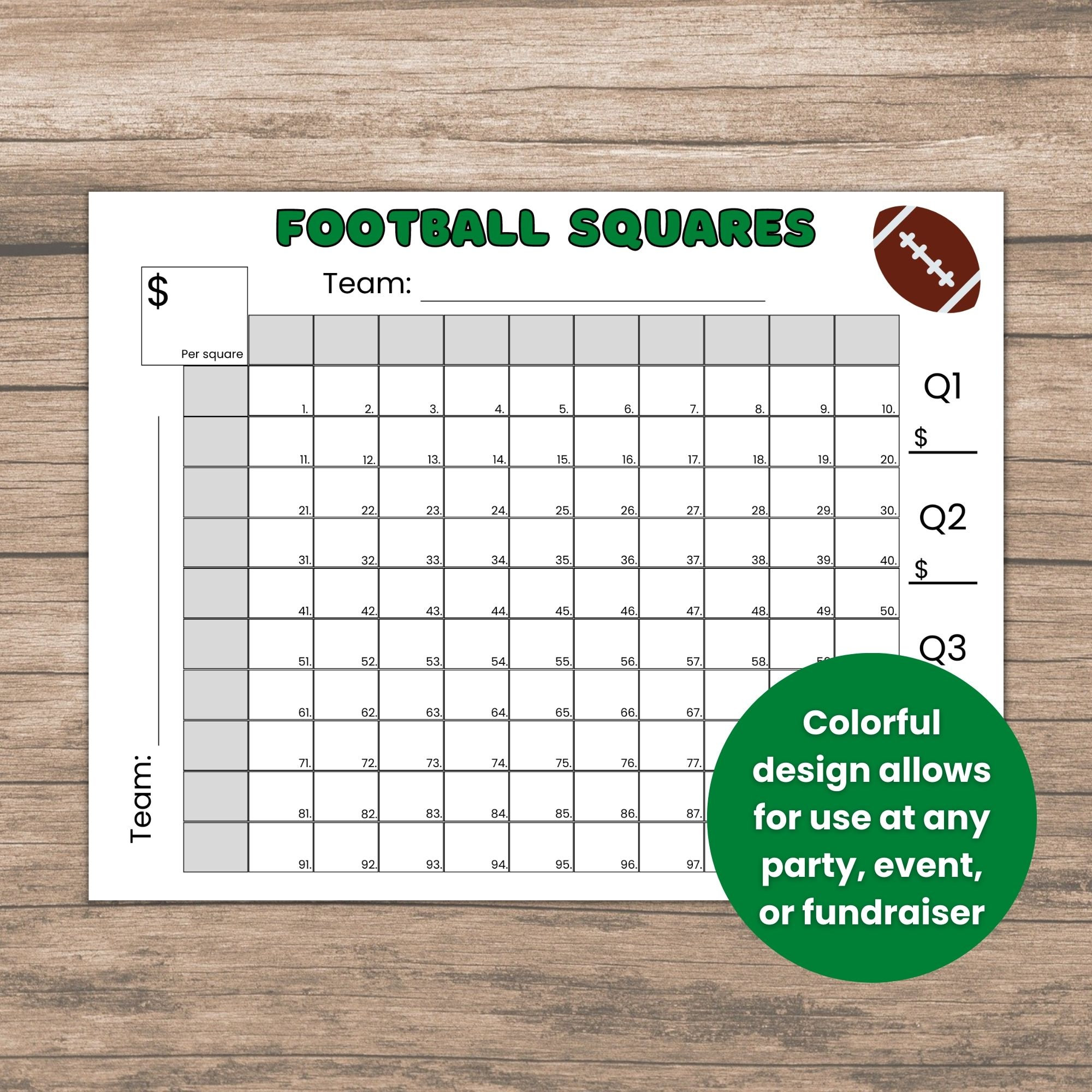 Football Squares Game Printable With Color, Football Fundraiser ...