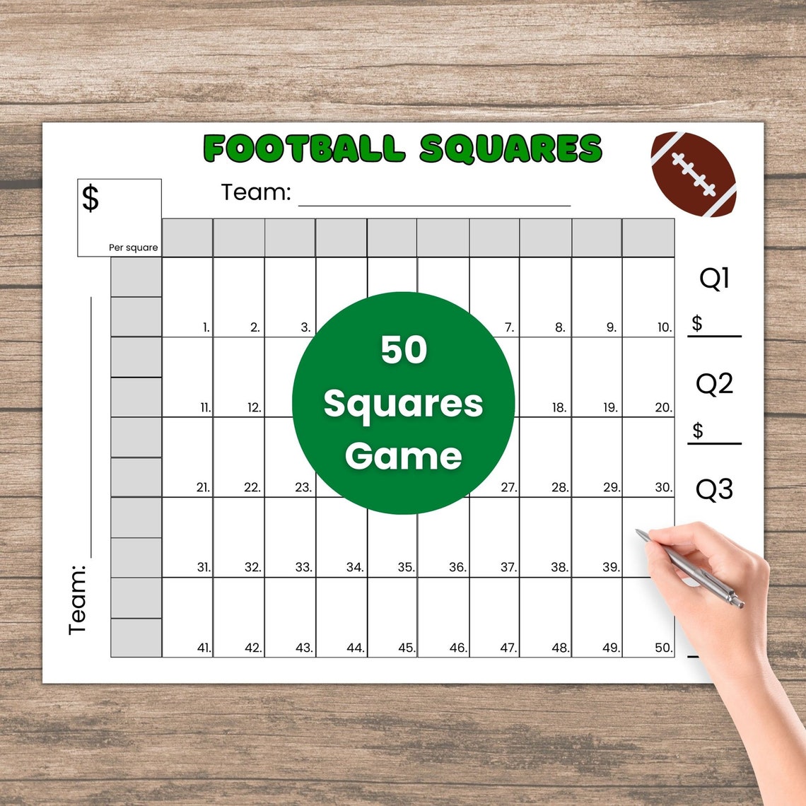 50 Squares Football Squares Game Printable, Football Fundraiser ...
