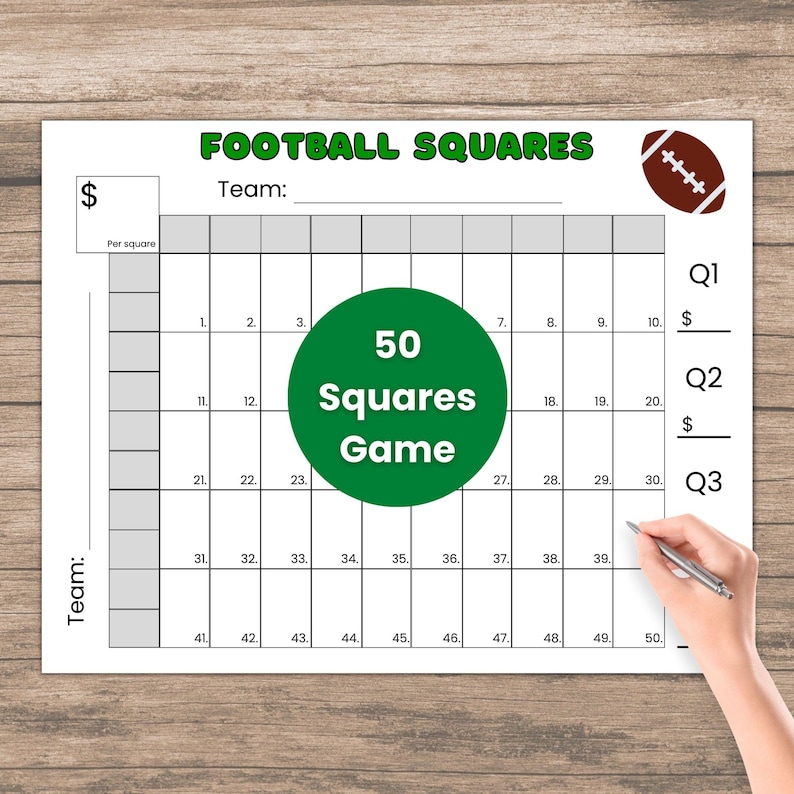 50 Squares Football Squares Game Printable, Football Fundraiser ...