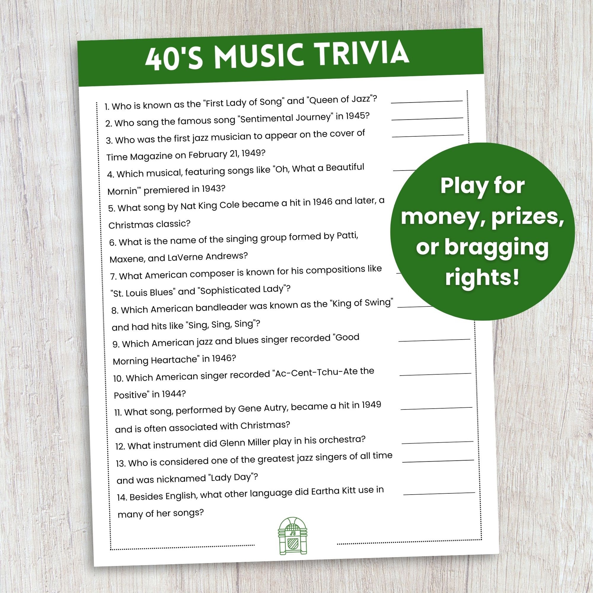 40s Music Trivia Game, 40s Theme Party Game, 1940s Trivia, Decades ...