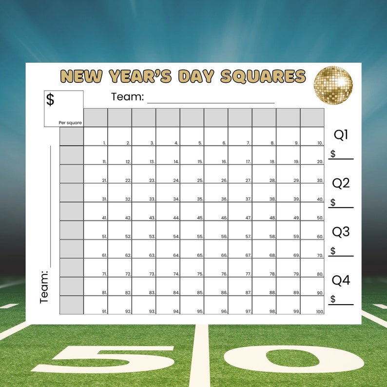 New Year's Day Squares Game, Football Squares Game, Football Betting ...