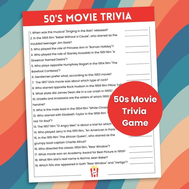 50s Movie Trivia Game, 50s Theme Party Game, 1950s Trivia, Decades ...