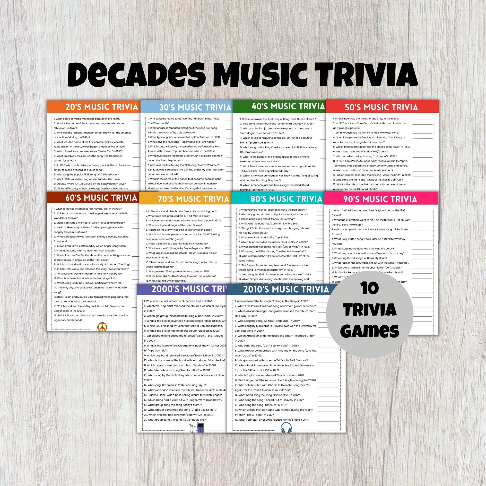 Music Trivia Game, Decades Trivia Game, Decades Party Game, 90s Trivia ...