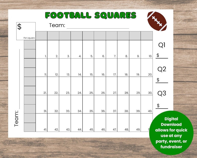50 Squares Football Squares Game Printable Football - Etsy