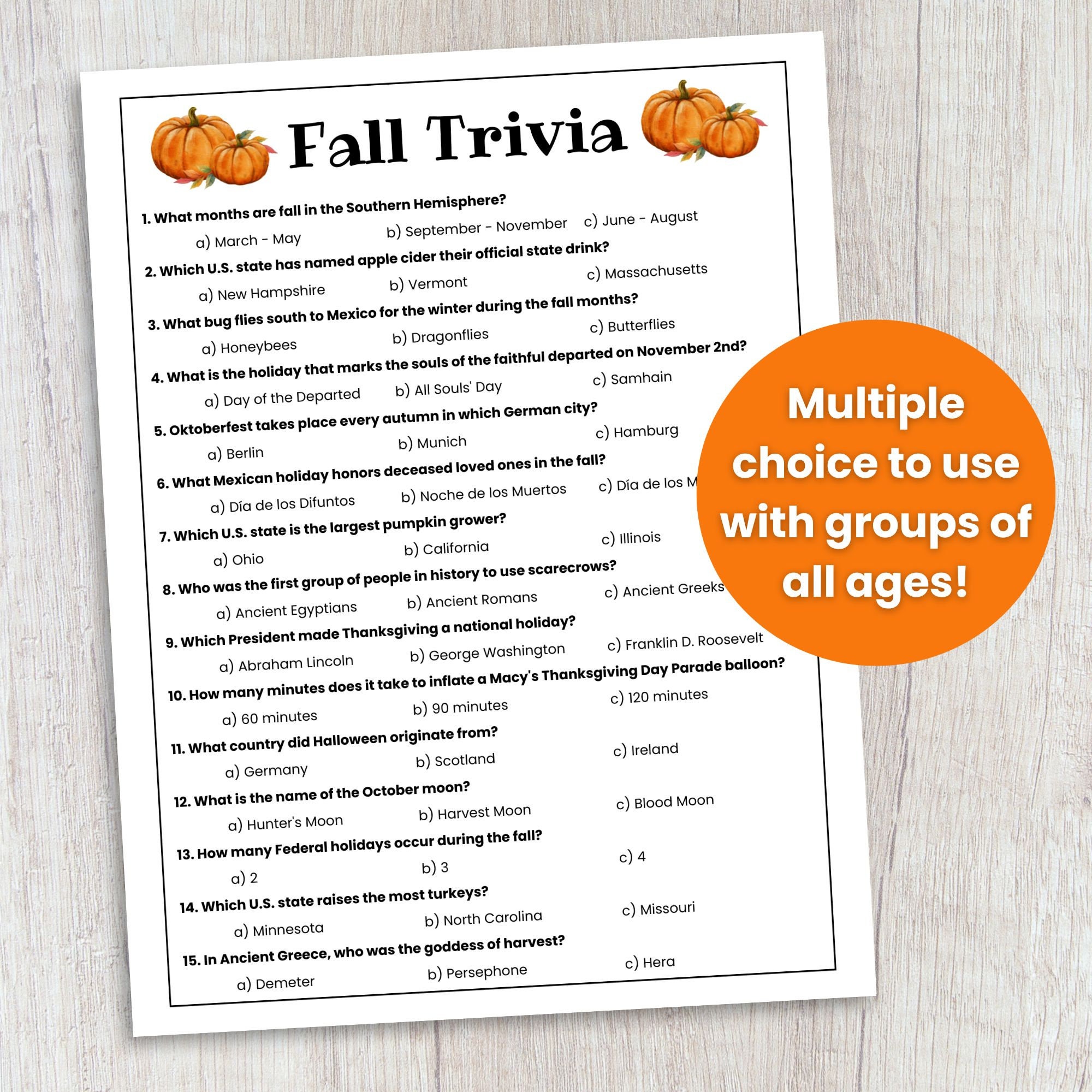 Fall Trivia Game, Holiday Trivia Game, Autumn Trivia Game, Fall Trivia ...