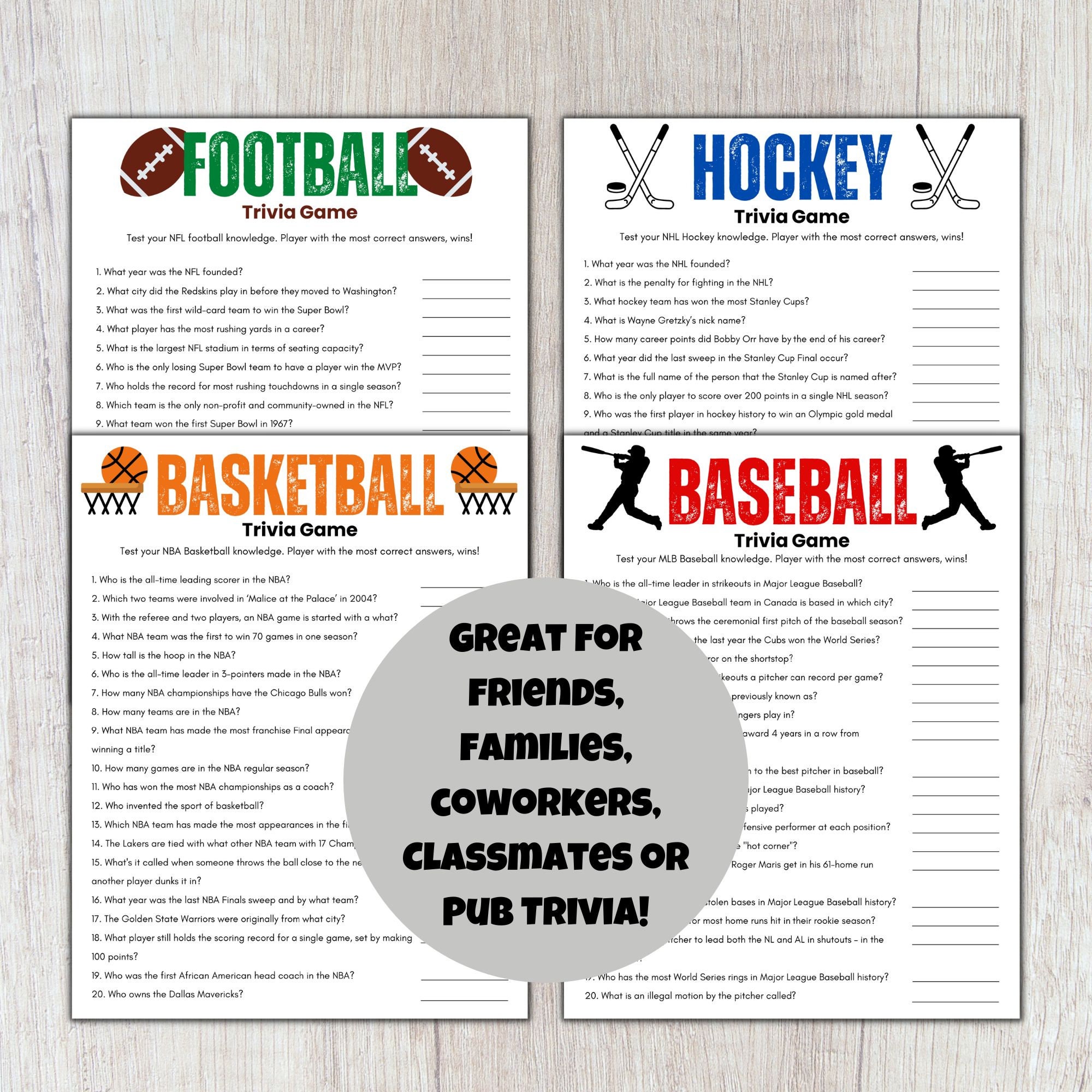Sports Trivia Game Bundle, Football Trivia, Baseball Trivia, Basketball ...