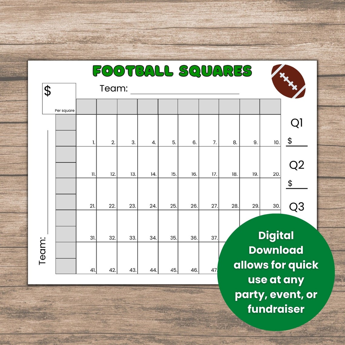 50 Squares Football Squares Game Printable, Football Fundraiser ...