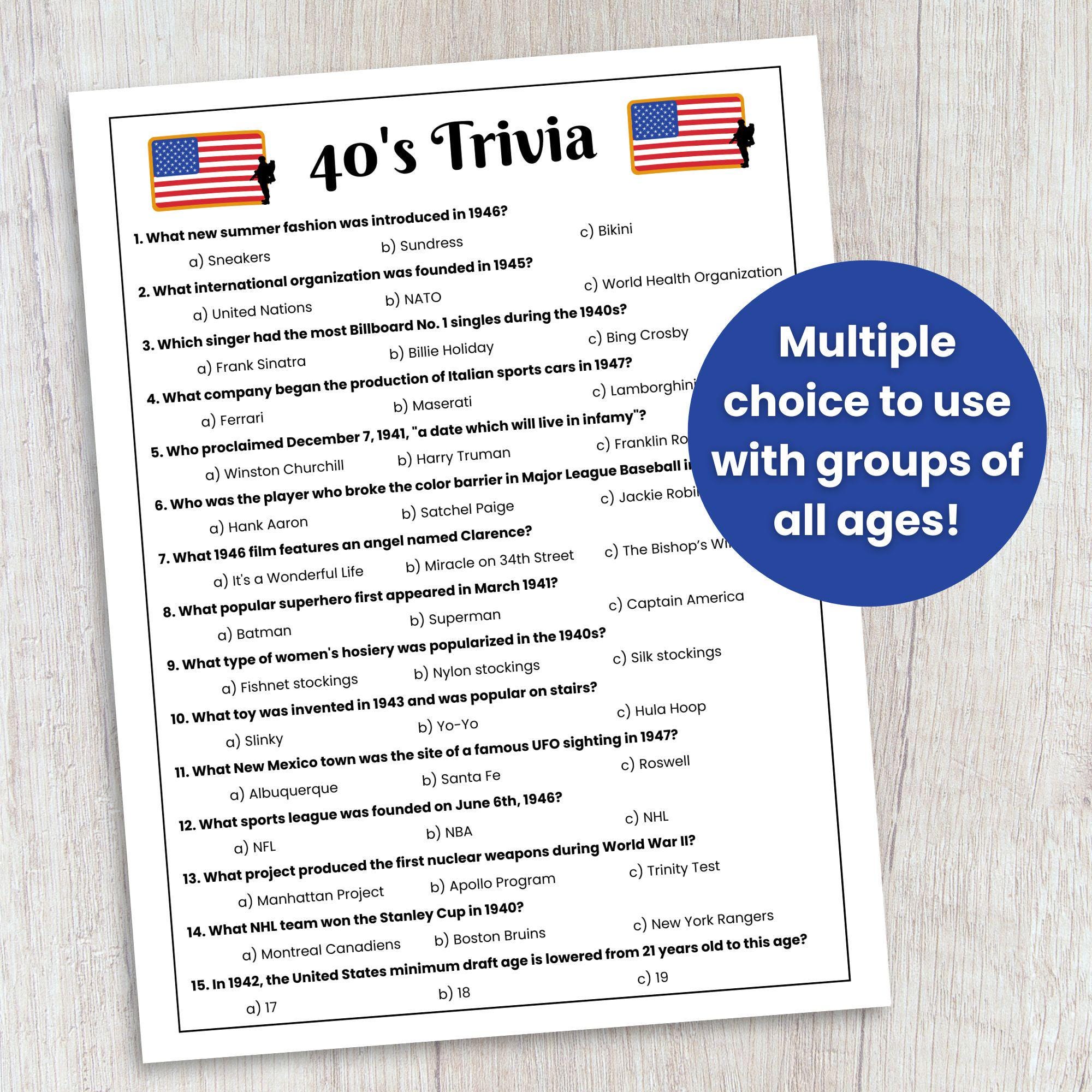 40s Trivia Game, 40s Theme Party Game, Decades Trivia, 1940s Trivia ...