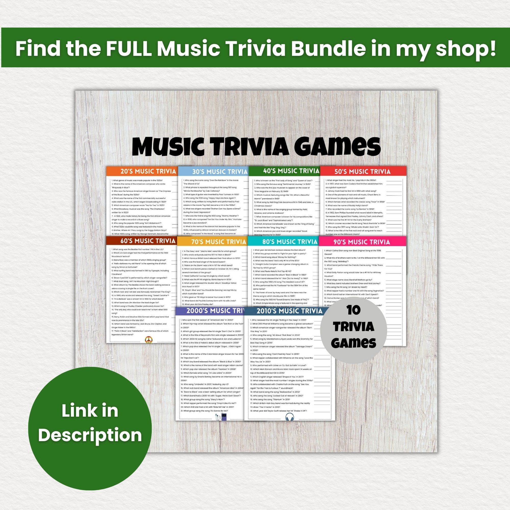 40s Music Trivia Game, 40s Theme Party Game, 1940s Trivia, Decades ...
