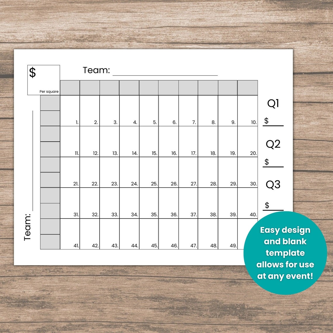 50 Squares Game Blank Template for Fundraisers, Sports Games, Football ...