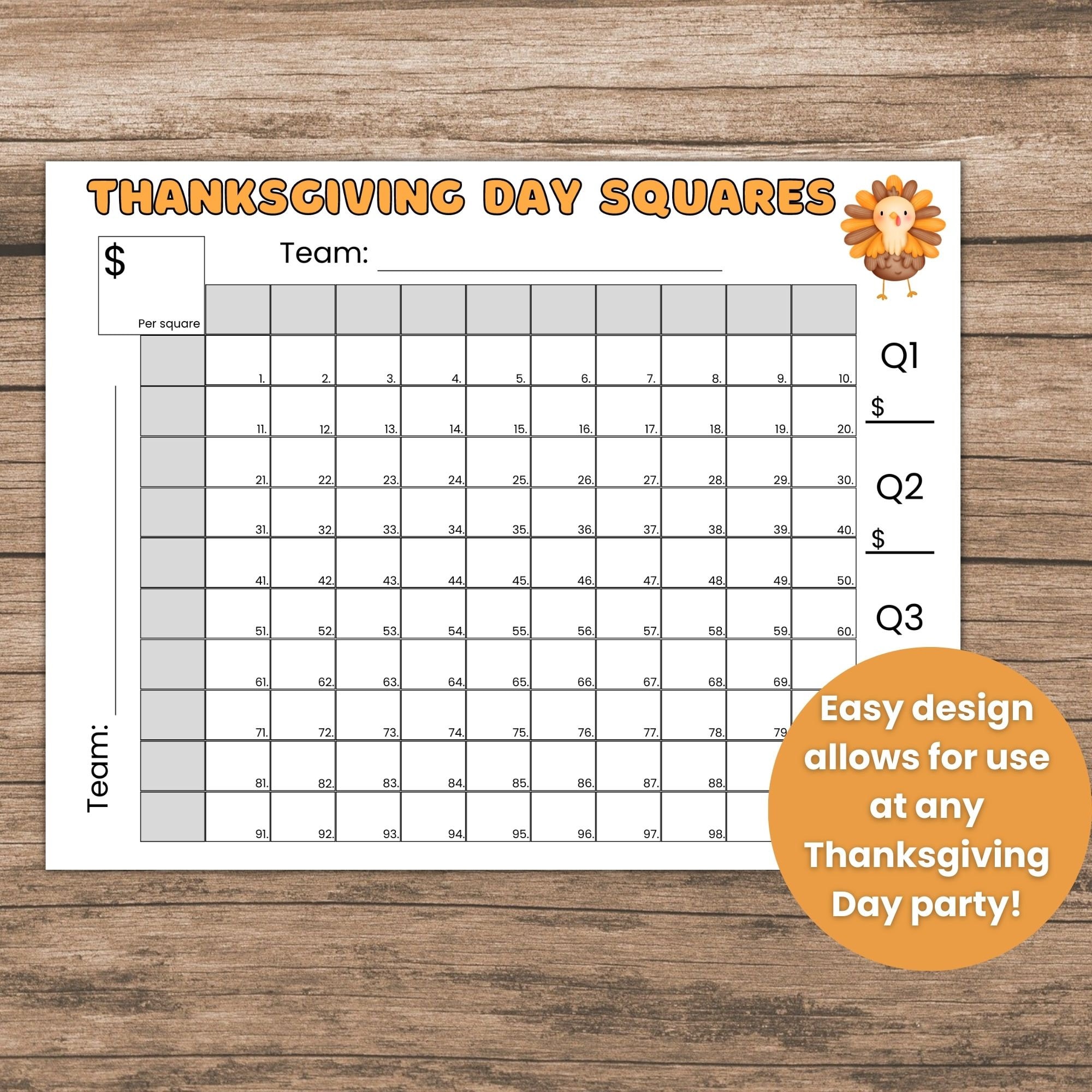 Thanksgiving Day Squares Game, Football Squares Game, Football Betting ...