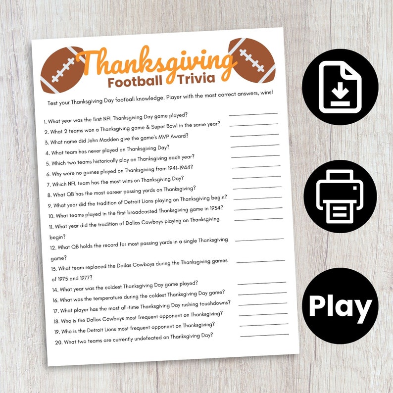 Thanksgiving Football Trivia Game, Football Trivia, Trivia Game, Adult ...