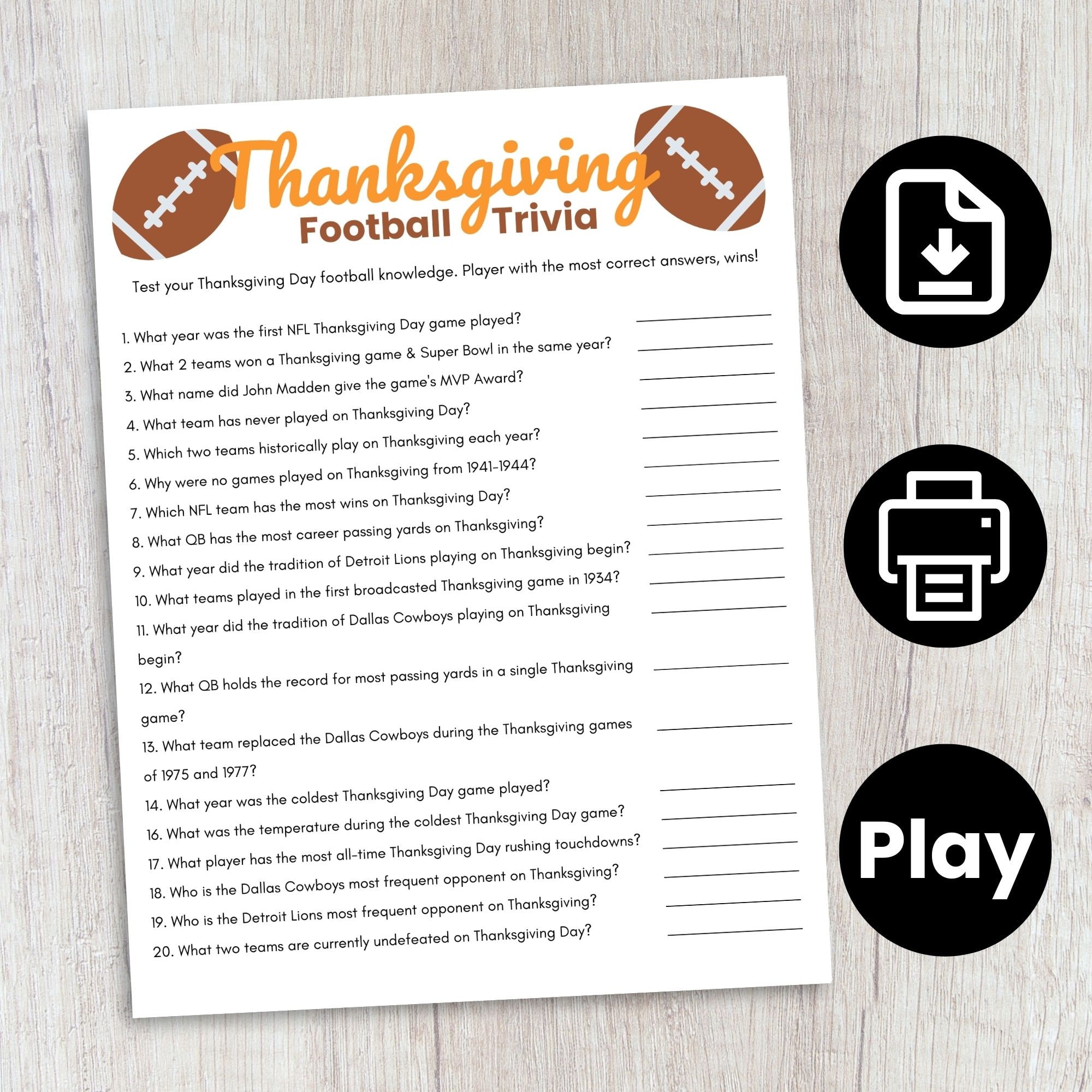 Thanksgiving Football Trivia Game, Football Trivia, Trivia Game, Adult ...