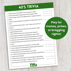 40s Trivia Game, 40s Theme Party Game, Decades Trivia, Patriotic Games ...
