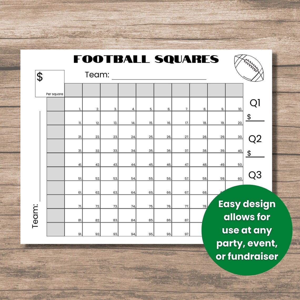 Editable Football Squares Game Printable, Football Fundraiser, Football ...