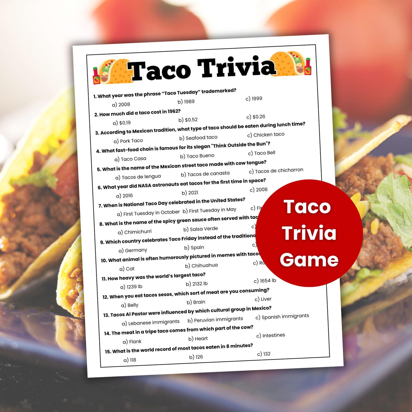 Taco Trivia Game, Fiesta Taco Trivia, Taco Party Game, Food Trivia ...