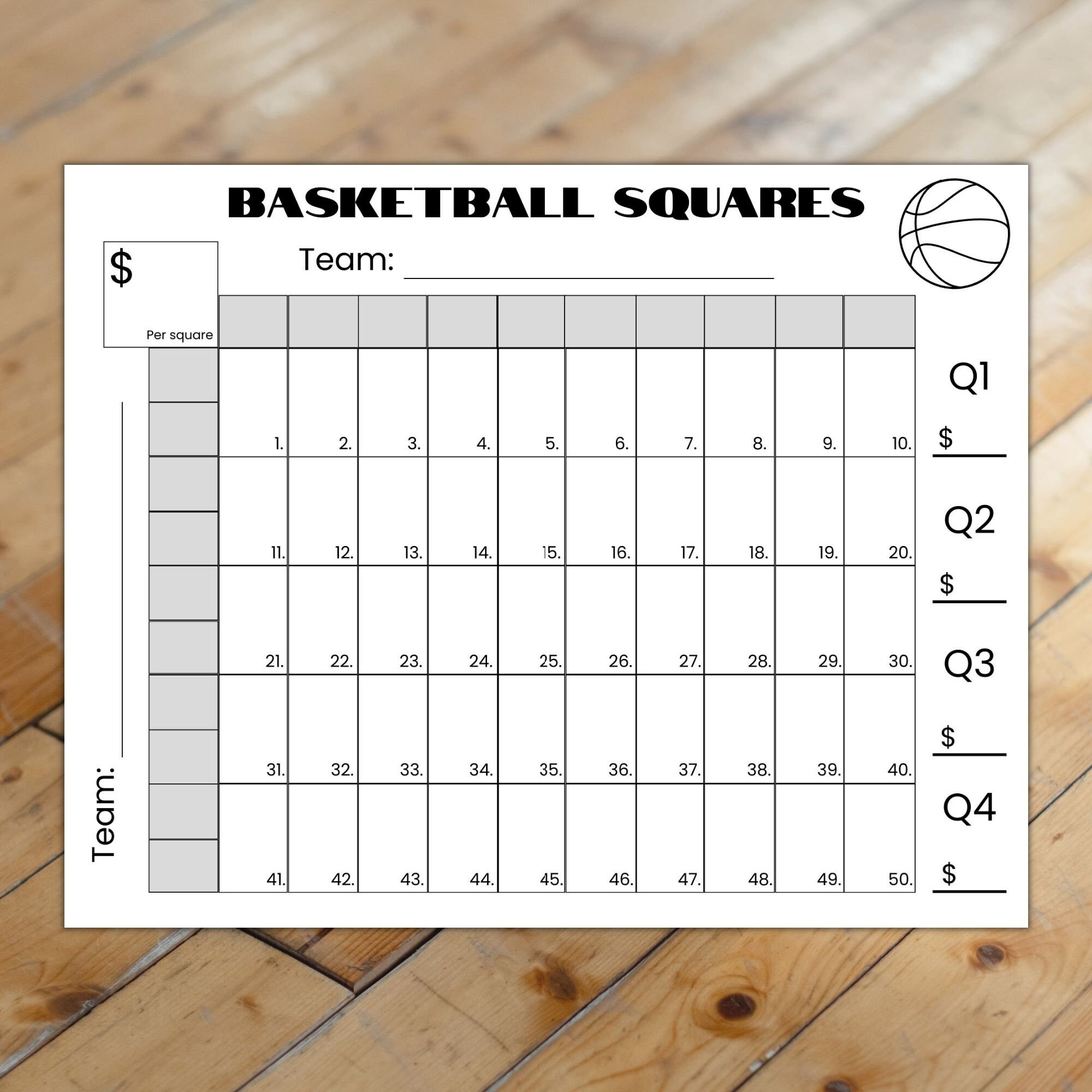 Basketball Squares Game, 50 Squares Game, Basketball Fundraiser ...