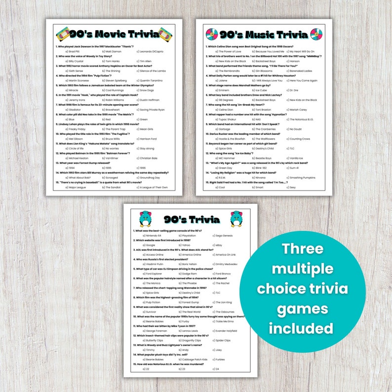 90s Trivia Game Bundle, 90s Music Trivia, 90s Movie Trivia, 90s Party ...