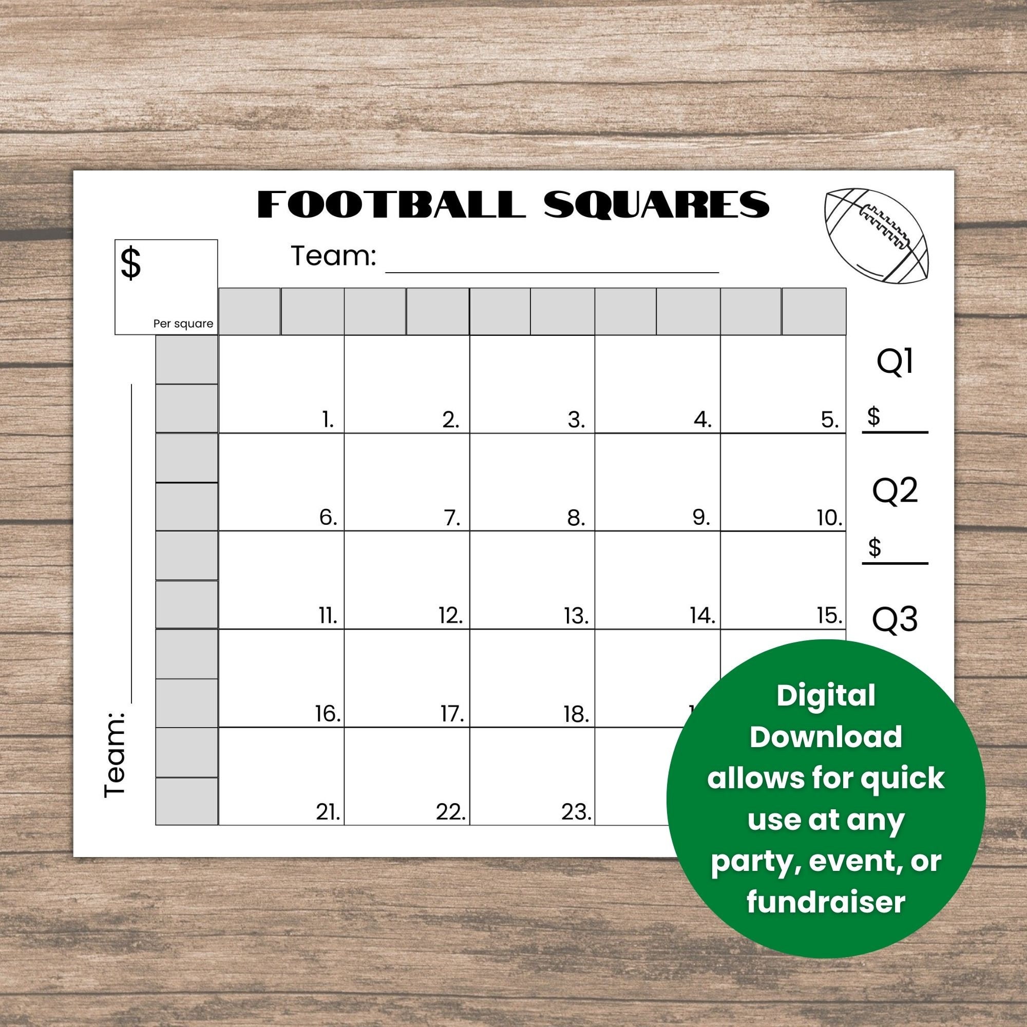 25 Squares Football Squares Game Printable, Football Fundraiser ...