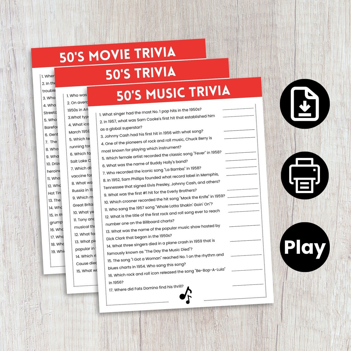 50s Trivia Game Bundle, 50s Music Trivia, 50s Movie Trivia, 50s Party ...